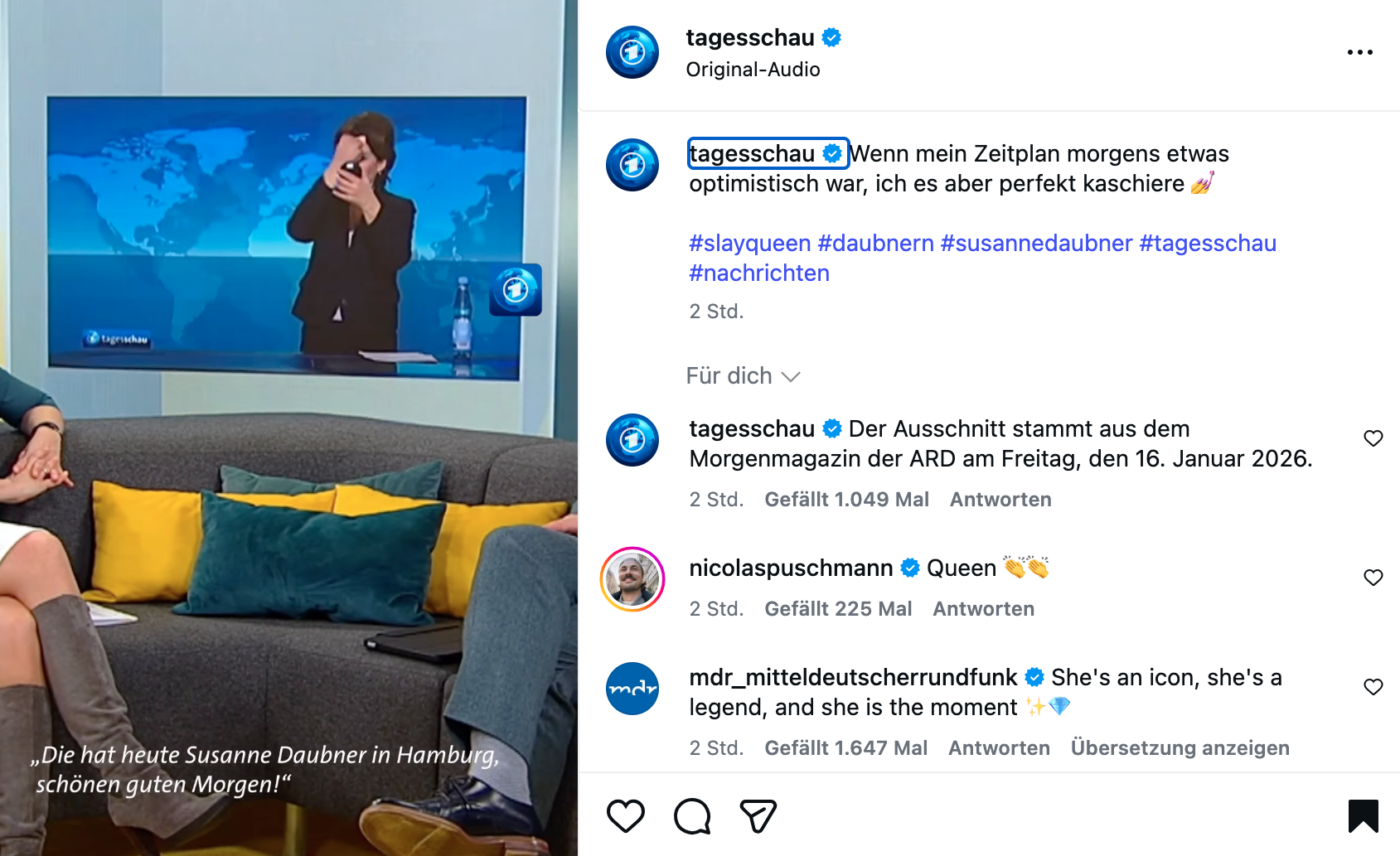 Daubner sorgt für Lacher: Schminkpanne in der „Tagesschau“ | MOPO